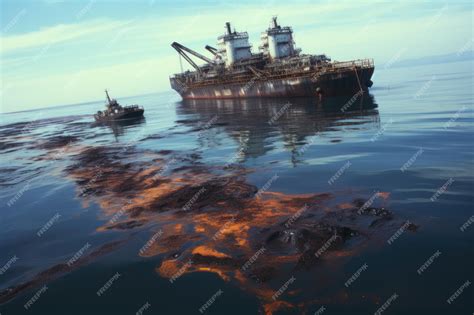 선박에서 유출된 기름으로 인해 수면이 오염되어 수질 오염이 발생했습니다 프리미엄 사진