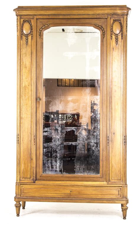 B626 Antique French Walnut Single Door Armoire Wardrobe Closet With Beveled Mirror