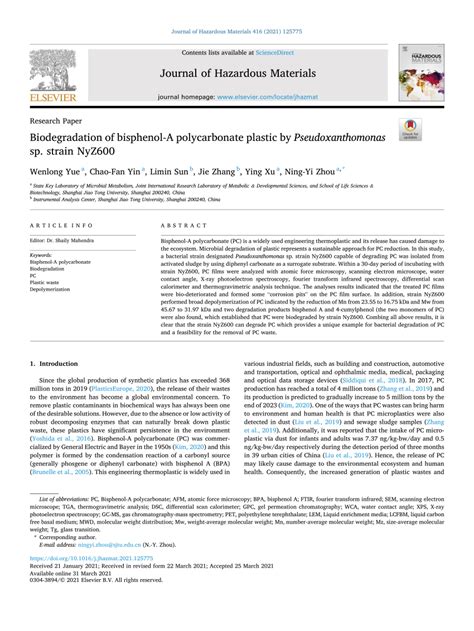 Pdf Biodegradation Of Bisphenol A Polycarbonate Plastic By Pseudoxanthomonas Sp Strain Nyz600