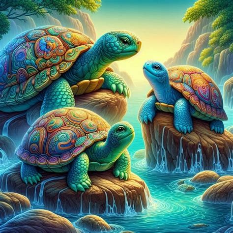 A Group Of Turtles On Rocks By A River Premium AI Generated Image