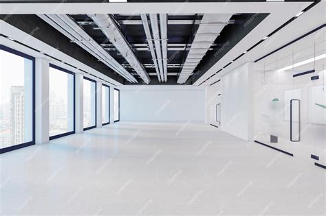 산업 천장과 도시 전망 3d 렌더링이 있는 창문이 있는 현대적인 흰색 조명 유리 사무실 인테리어 프리미엄 사진