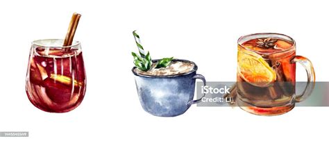 음식 일러스트 수채화 음식 음료 크리스마스 커피 카카오 Mulled 와인 장식 컵 겨울에 대한 스톡 벡터 아트 및 기타 이미지