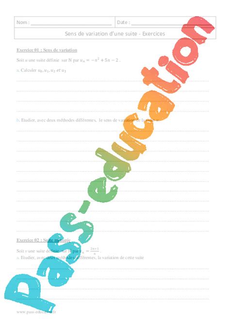 Variation d une suite Première Exercices sur le sens PDF à imprimer