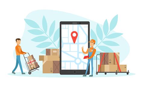 온라인 배달 서비스 온라인 배달 트레킹 벡터 일러스트에 대 한 스마트폰 모바일 앱을 사용 하 여 소포 상자를 배달 하는 택배 무선 기술에 대한 스톡 벡터 아트 및 기타