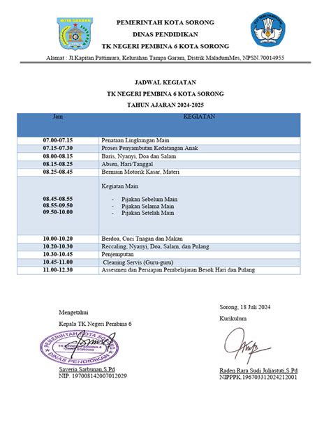 Jadwal Kegiatan Tk Pembina 6 2024 2025 Pdf