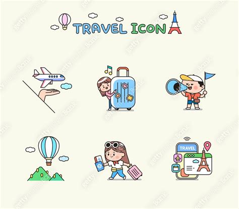 캐릭터 여행 휴가 해외여행 관광 여행자 역할 비행기 여행가방 짐 가이드 직업 메가폰 열기구 예약하기 컨셉 찾기 응시 이미지