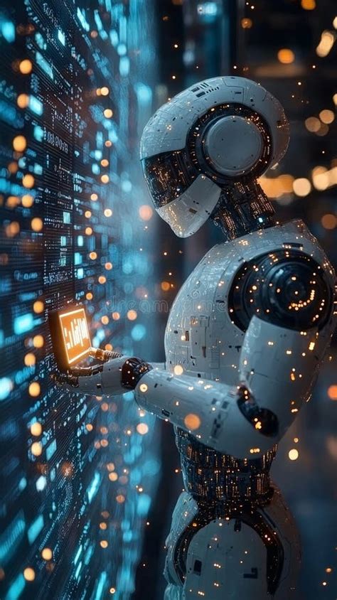 futuristic humanoid robot interacting with digital data on a touchpad