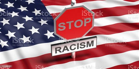 미국 국기 배경에 인종차별 표지판과 텍스트를 중지합니다 3d 일러스트레이션 인종차별 반대주의에 대한 스톡 사진 및 기타 이미지 인종차별 반대주의 건강관리와 의술 미국