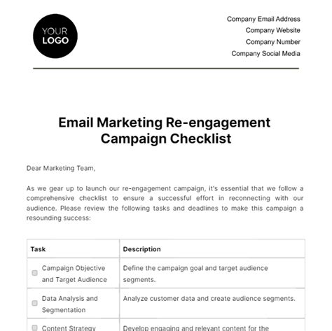 Free Email Marketing Re Engagement Campaign Checklist Template To Edit Online