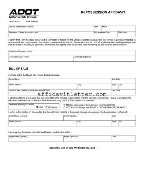 Arizona Repossession Affidavit Form Fillable Template