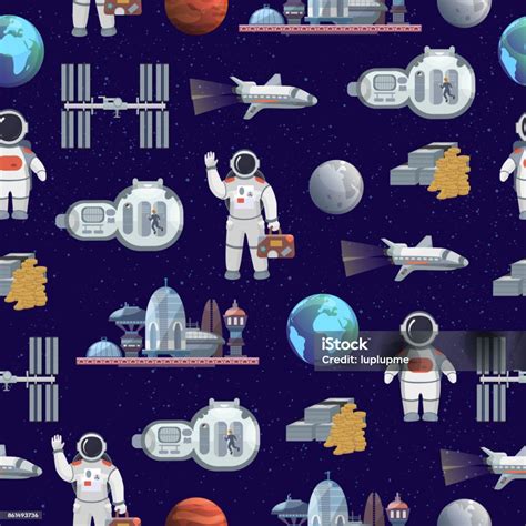 공간 관광 미래 여행 도시 벡터 일러스트 우주 비행사와 우주선 원활한 패턴 배경 거리에 대한 스톡 벡터 아트 및 기타 이미지 거리 계획 공중 Istock
