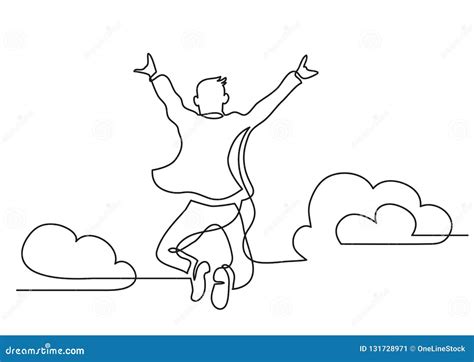 One Line Drawing Of Happy Man Jumping Higher Clouds Stock Vector