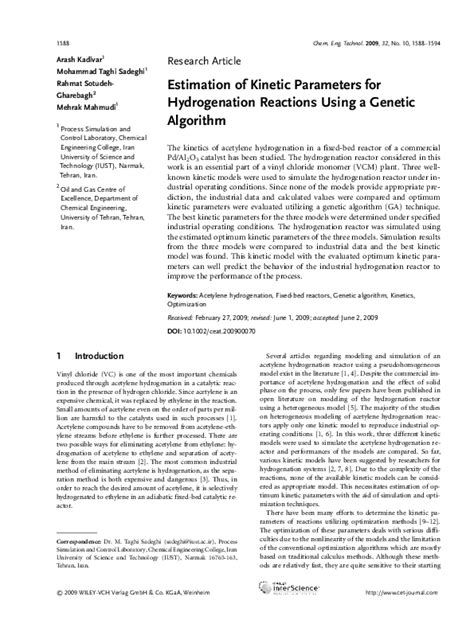 Pdf Estimation Of Kinetic Parameters For Hydrogenation Reactions Using A Genetic Algorithm
