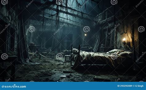 A Night Scene Of A Spooky Bedroom Interior In A Haunted House Stock