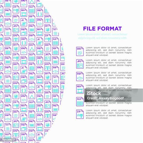 문서 Pdf Php Html  Png Txt Mov Eps Zip Css Js 얇은 라인 아이콘 파일 형식 개념 현대 벡터 일러스트레이션 인쇄 미디어 템플릿 파일에