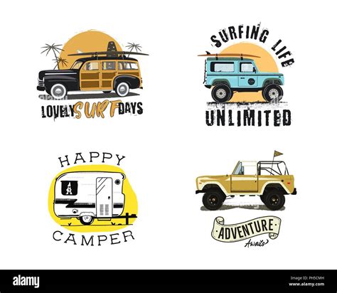 Vintage Surfing Graphics And Emblems Set For Web Design Or Print