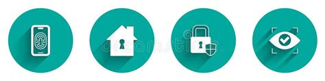 Set Mobile With Fingerprint Scanner House Under Protection Shield Security Lock And Eye Icon