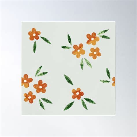 Tiny And Cute Orange Flowers And Green Leaves Pattern On Grey Background Botanical Illustration