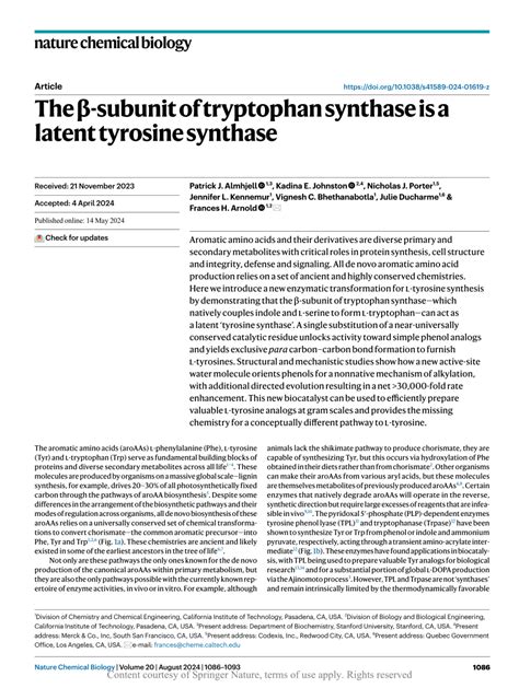 The β Subunit Of Tryptophan Synthase Is A Latent Tyrosine Synthase Request Pdf