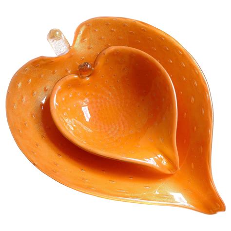 Alfredo Barbini Murano Orange Gold Flecks Italian Art Glass Bowl Dish