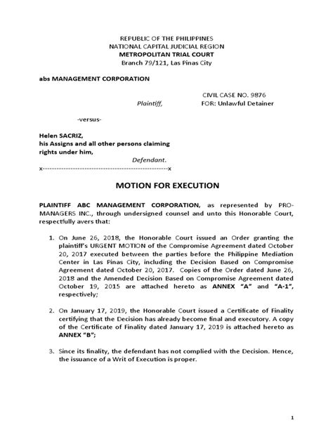 Motion For Issuance Of A Writ Of Execution To Implement A Final