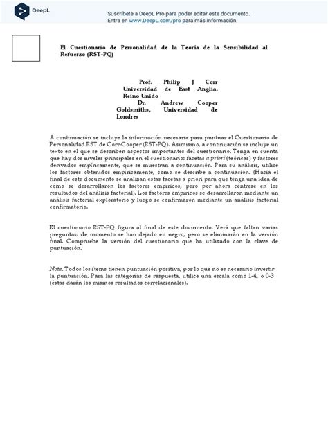 The Reinforcement Sensitivity Theory Personality Questionnaire Rst Pq Es Pdf