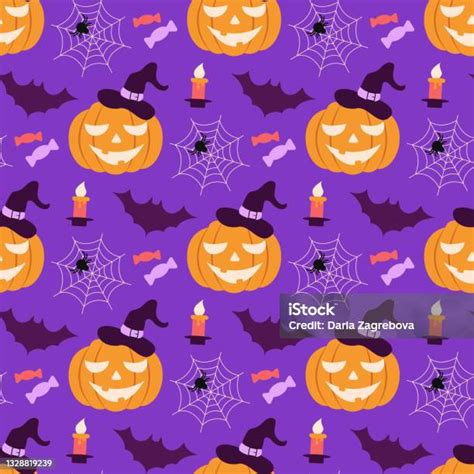 거미줄 박쥐 과자를 곁들인 모자를 쓴 호박 할로윈에 대한 밝은 보라색 배경에 벡터 원활한 패턴 포장 용지 직물을위한 휴일 인쇄 10월에 대한 스톡 벡터 아트 및 기타 이미지