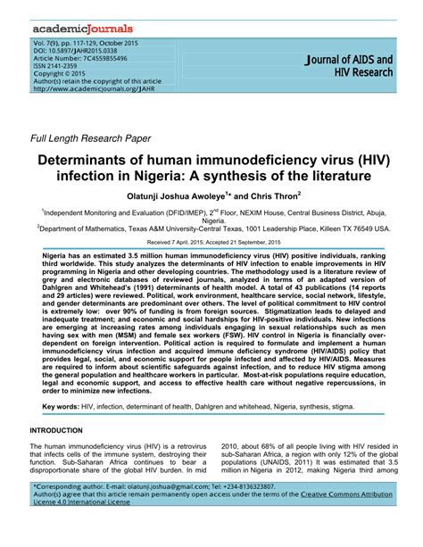 Pdf Journal Of Aids And Hiv Research Determinants Of Human