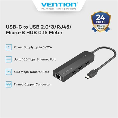 Jual Vention Hub In Usb Type C To Rj Lan Micro Usb Power Supply Fast Ethernet Tgo