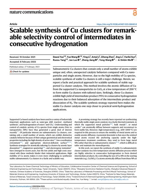 Pdf Scalable Synthesis Of Cu Clusters For Remarkable Selectivity Control Of Intermediates In