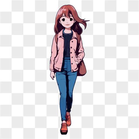 Download Stylish Anime Girl Walking In Pink Jacket And Jeans Cartoons