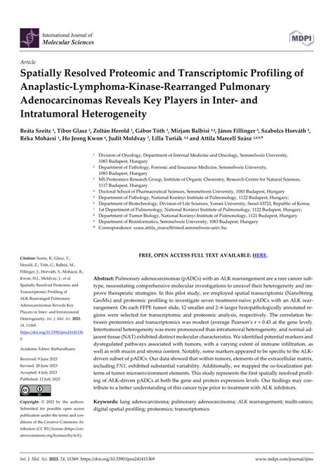 Pdf Spatially Resolved Proteomic And Transcriptomic Profiling Of Anaplastic Lymphoma Kinase