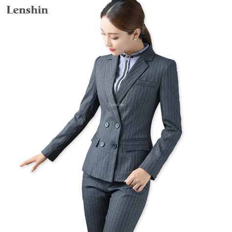 Lenshin 2 Pieces Set High Quality Gray Soft Striped Pant Suits Office
