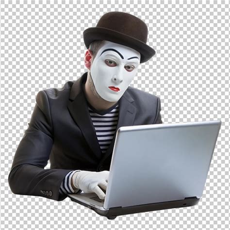 Man With A Face Mime Working On Laptop Png Premium Ai Generated Psd