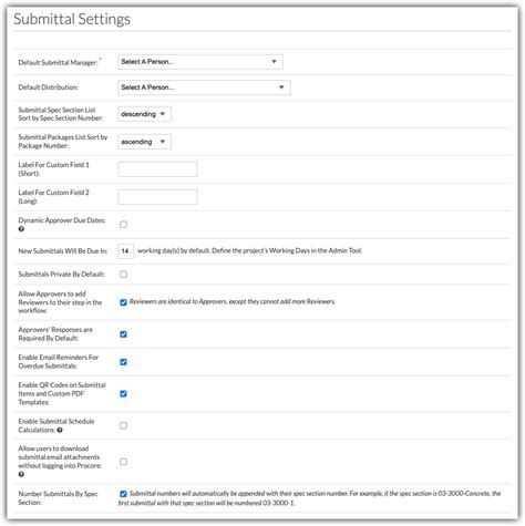 Configure Settings Submittals Tool Procore