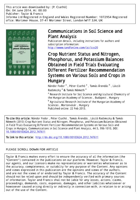 PDF Crop Nutrient Status And Nitrogen Phosphorus And Potassium Balances Obtained In Field