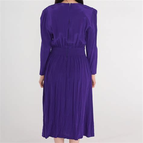 Royal Purple Dress 80s Beaded Party Dress Midi Dress Long Puff Sleeve