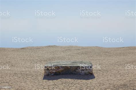 Abstact 3d 렌더링 여름 장면 및 자연 연단 배경 금이 간 마른 땅을 배경으로 한 바위 연단은 제품 스탠드 디스플레이 광고 화장품 미용 제품 스킨케어 등을 위한 맑은