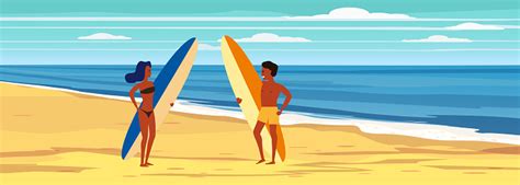 해변 해안 야자수에 서퍼 남자와 여자 커플 서핑을 준비 하세요 리조트 열 대 지방 바다 바다 벡터 고립 된 평면 스타일 포스터 배너 가족에 대한 스톡 벡터 아트 및 기타