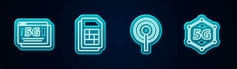 라인 5g 네트워크 Sim 카드 안테나 및 빛나는 네온 아이콘입니다 벡터 0명에 대한 스톡 벡터 아트 및 기타 이미지 0명