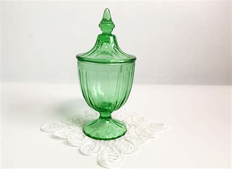 Vintage Green Glass Pedestal Candy Or Apothecary Jar W Lid Pedestal