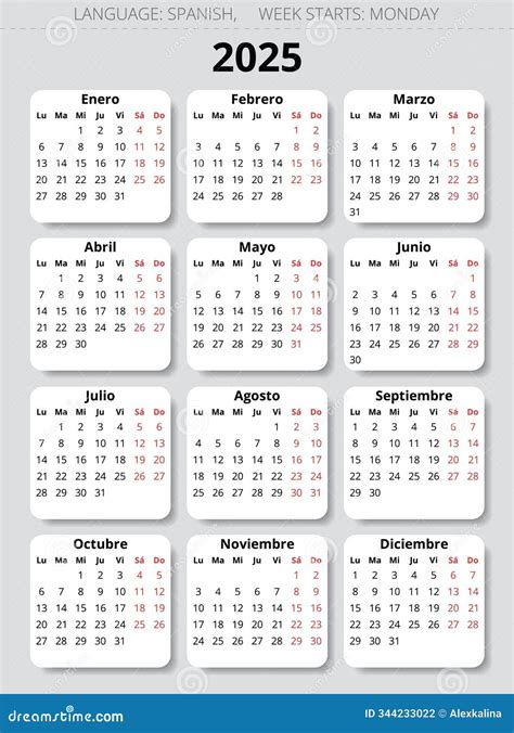 Spanish 2025 Year Annual Business Monthly Calendar Vector Illustration