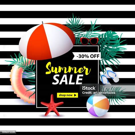 플로팅 링 선글라스 바다 불가사리 공 해변 슬리퍼 파라솔 야자수 잎여름 판매 배경 배너 포스터 전단지 30 할인 지금 쇼핑 벡터 일러스트 템플릿 3차원 형태에 대한 스톡