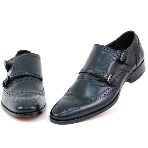 Mens Leather Dress Shoes Double Buckle Monk Strap Slip On Loafer