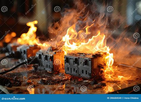 Electrical Short Circuit Failure Caused By Burning Wire And Socket Plug In House Stock