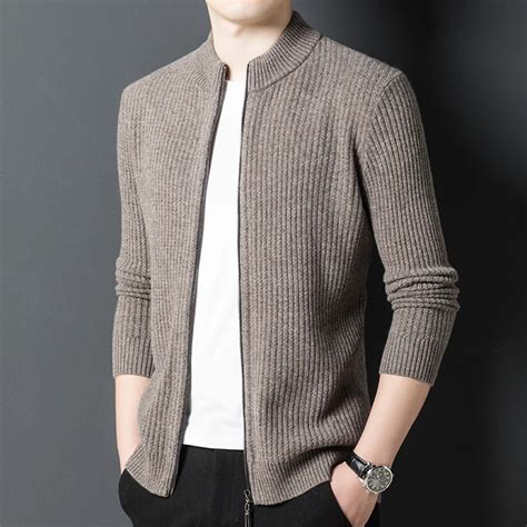 남성용 스탠드 칼라 자카드 퓨어 울 스웨터 두꺼운 스웨터 재킷 한국 카디건 스웨터 2021 가을 및 겨울가디건
