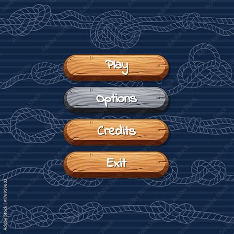 Vector Cartoon Style Wooden Enabled And Disabled Buttons With Text For Game Design On Rope