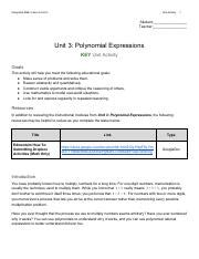 Unit Activity Unit Polynomial Expressions Pdf Integrated Math Sem A Unit Unit Activity
