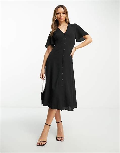 Asos Design Geknöpftes Midi Freizeitkleid In Schwarz Mit Schnürung