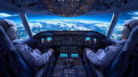 Modern Cockpit Scene With Pilots Managing Airplane For Airport